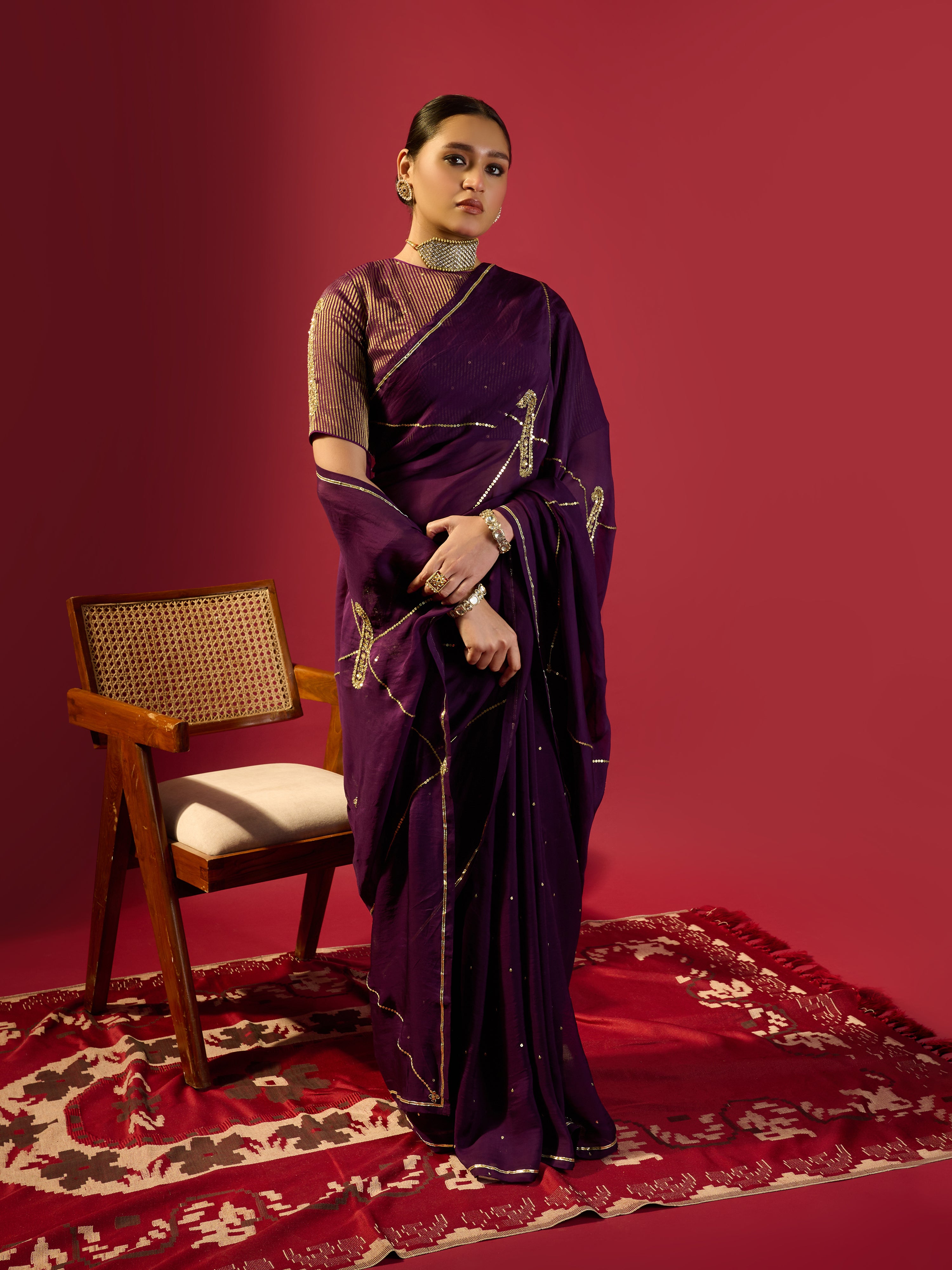 Deep Purple Keri Jaal Saree With Stripe Blouse – label.komalshah