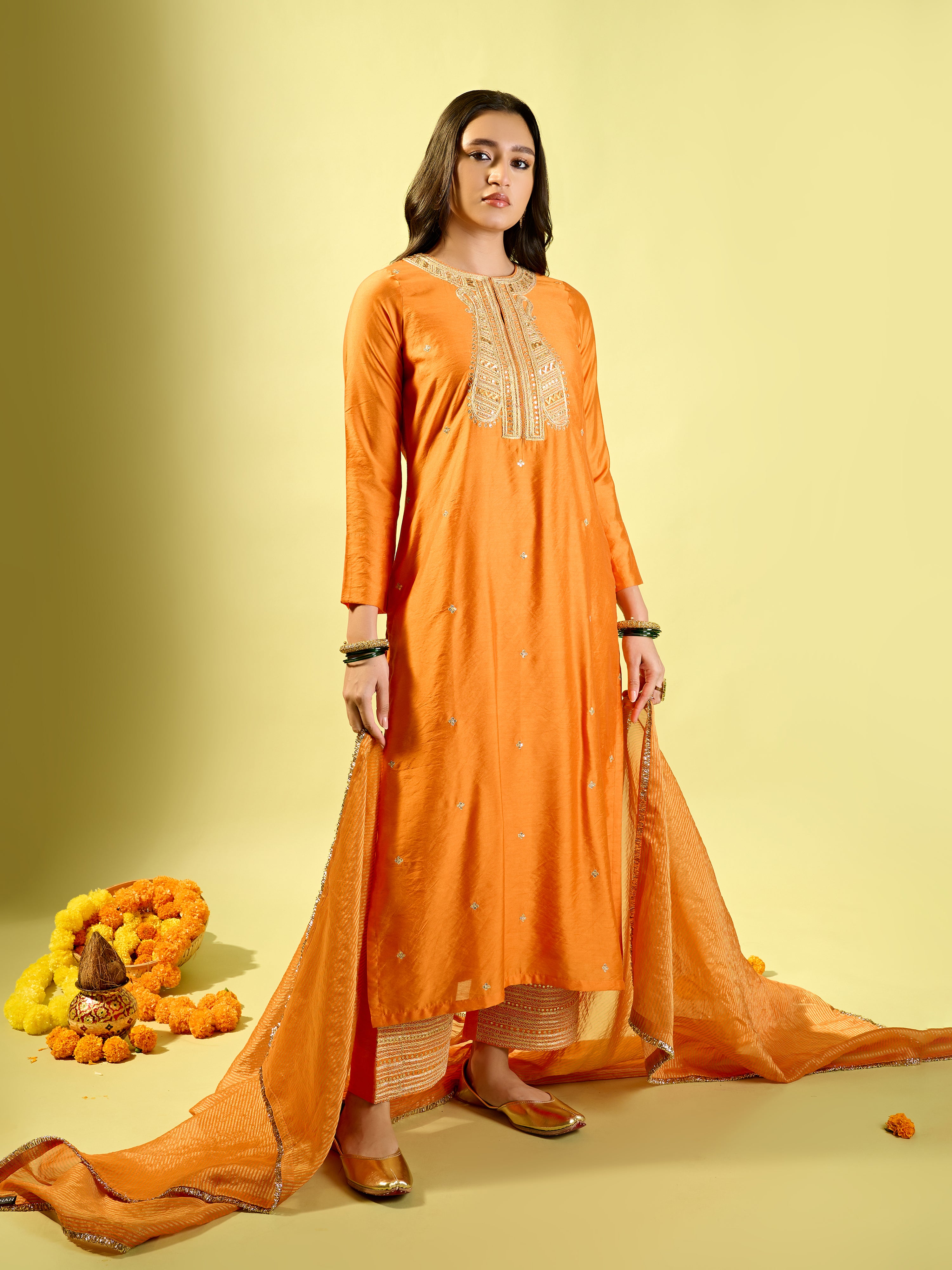 Orange Straight Long Kurta Set – label.komalshah