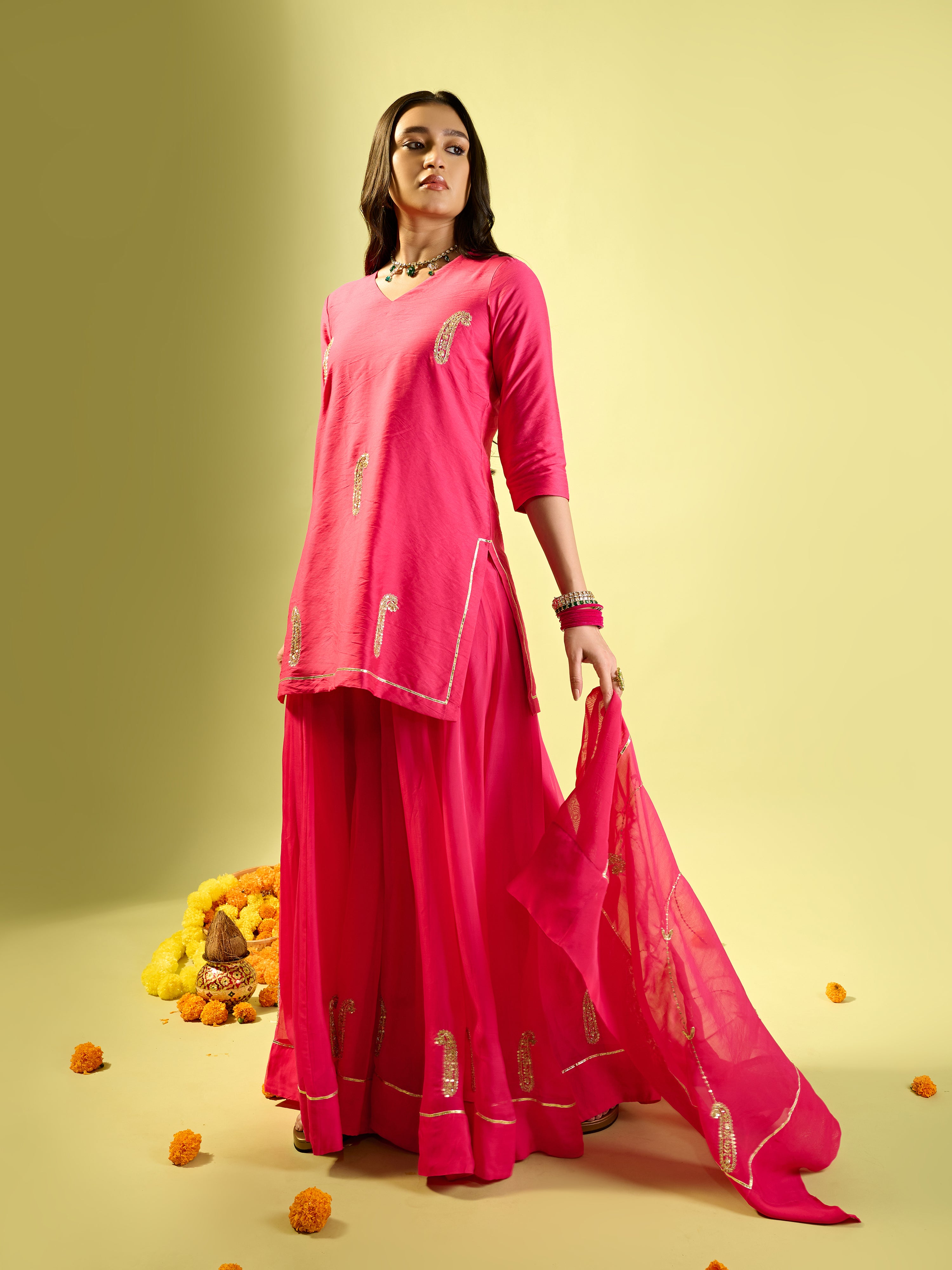 Hot Pink Keri Butta Kurta Palazzo With Jaal Dupatta – label.komalshah